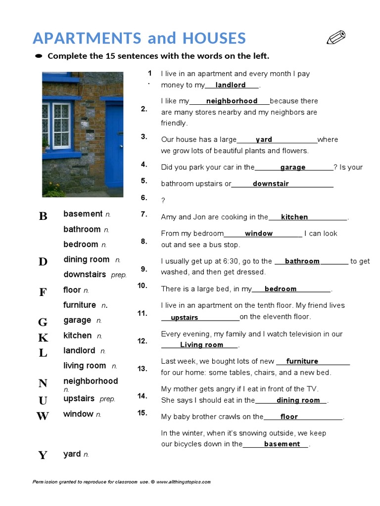 Apartments and Houses: Complete The 15 Sentences With The Words On The ...