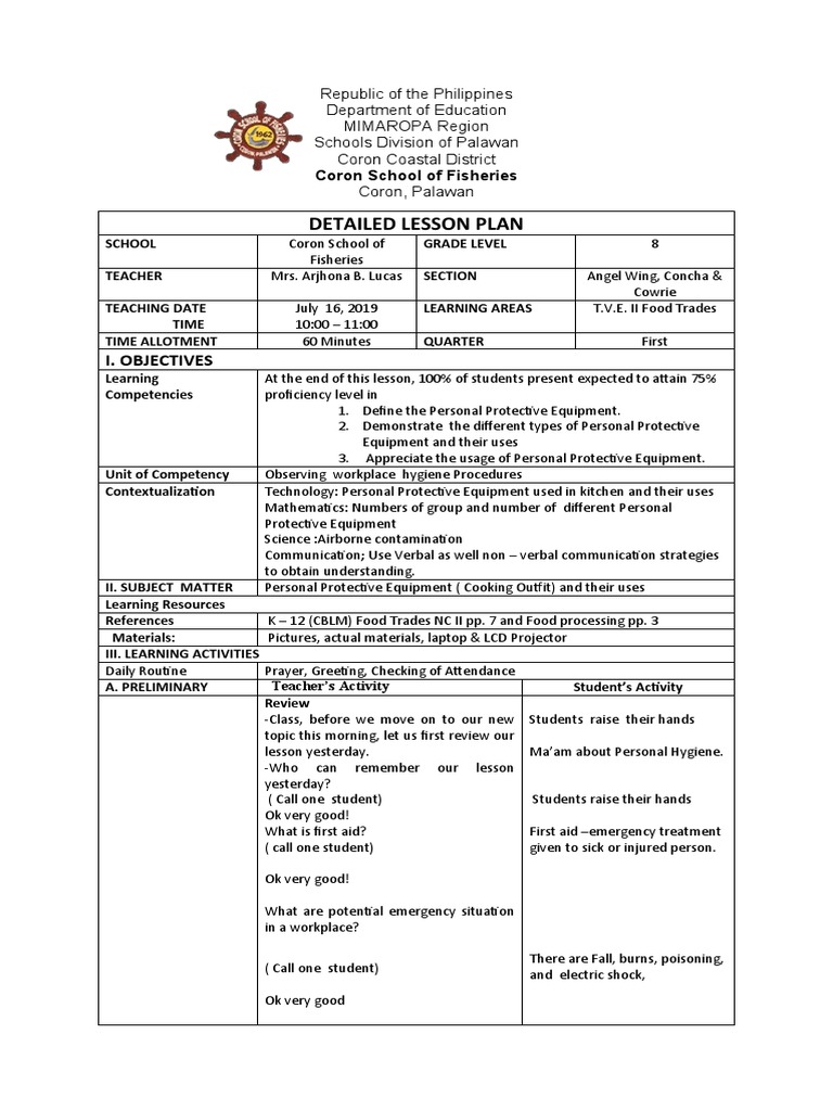 Detailed Lesson Plan Ppe | PDF | Personal Protective Equipment | Lesson ...