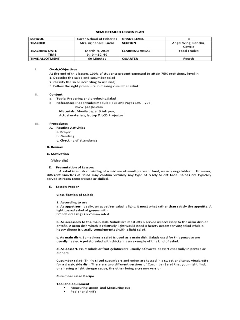 Salad Semi Detailed Lesson Plan | PDF | Dill | Salad