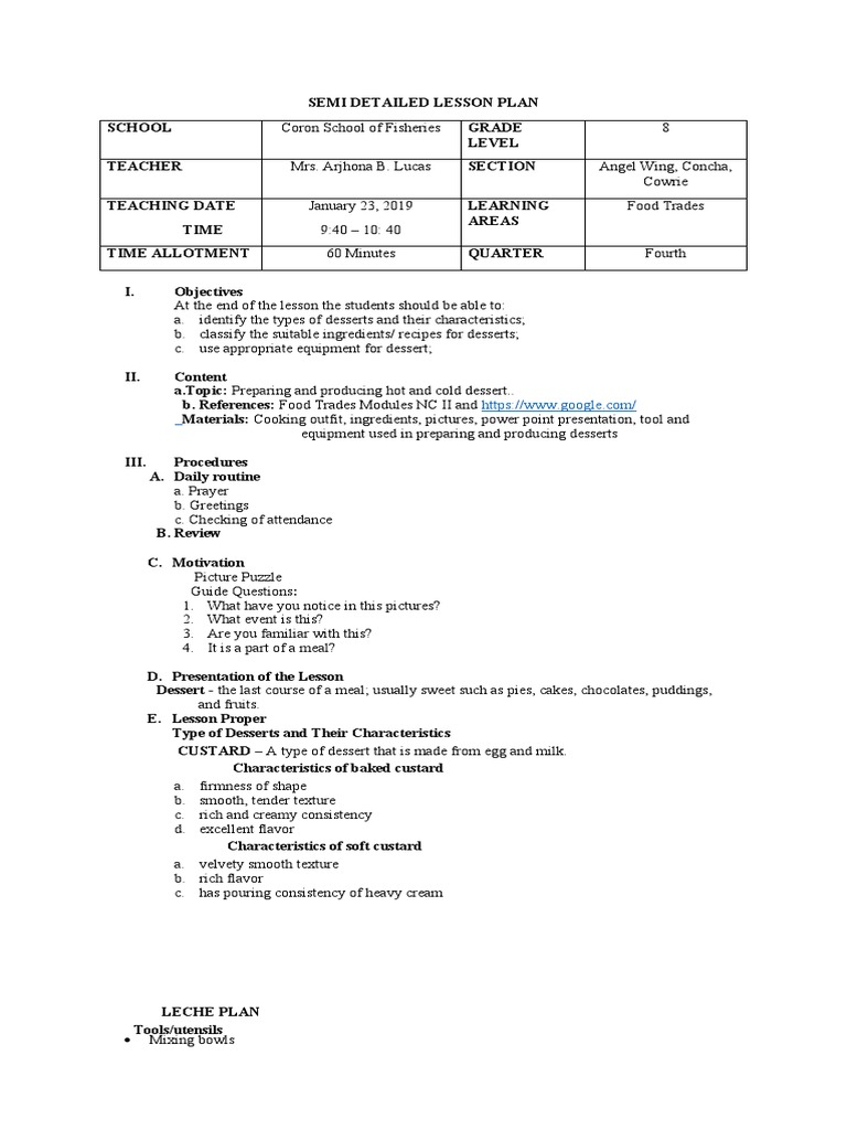 Dessert Semi Detailed Lesson Plan in | PDF | Custard | Desserts