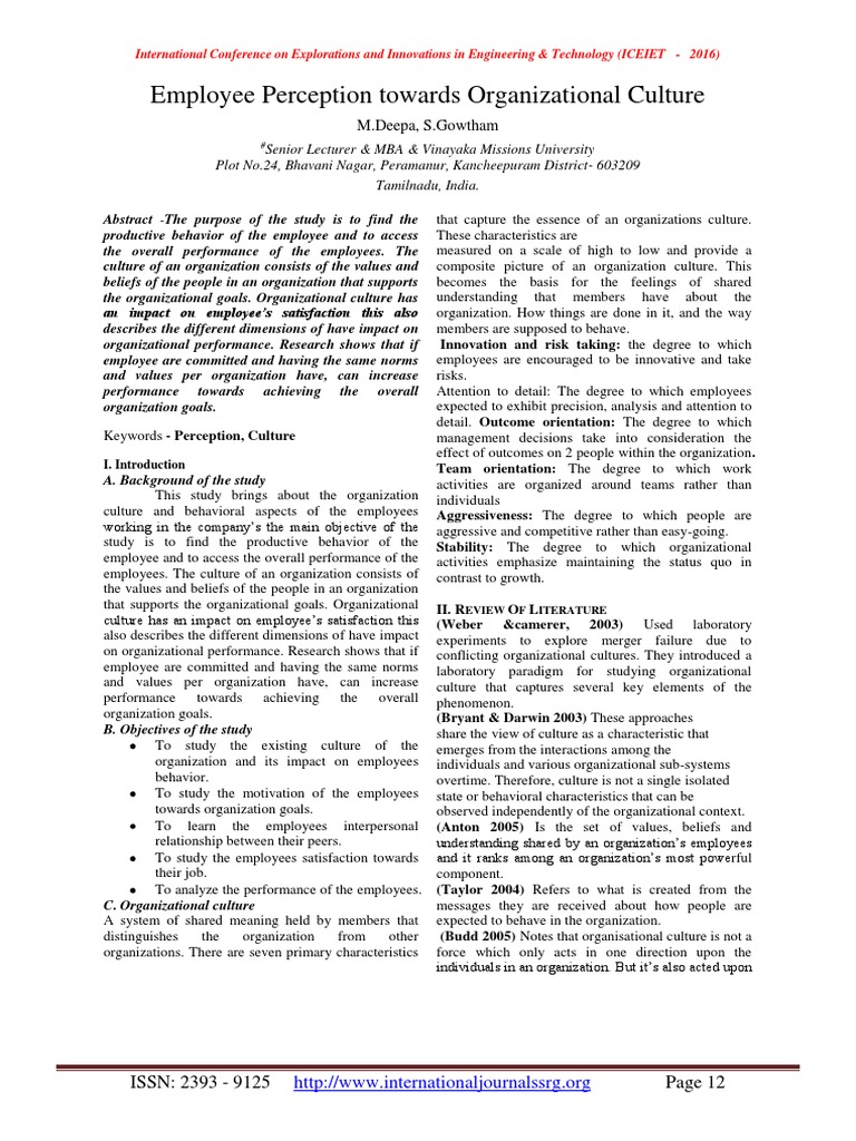 Employee Perception Towards Organizational Culture: M.Deepa, S.Gowtham ...