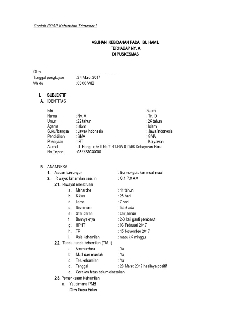Contoh SOAP Kehamilan Trimester I, II, III | PDF