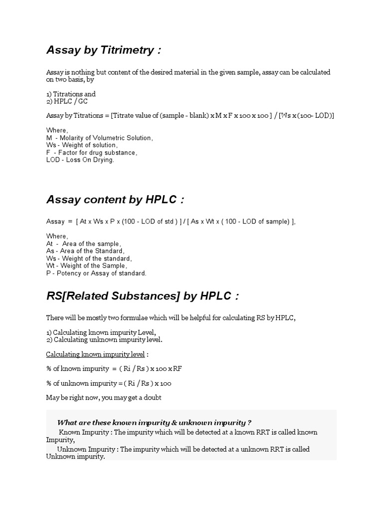 Assay methods for drug content and impurities by titrimetry and ...