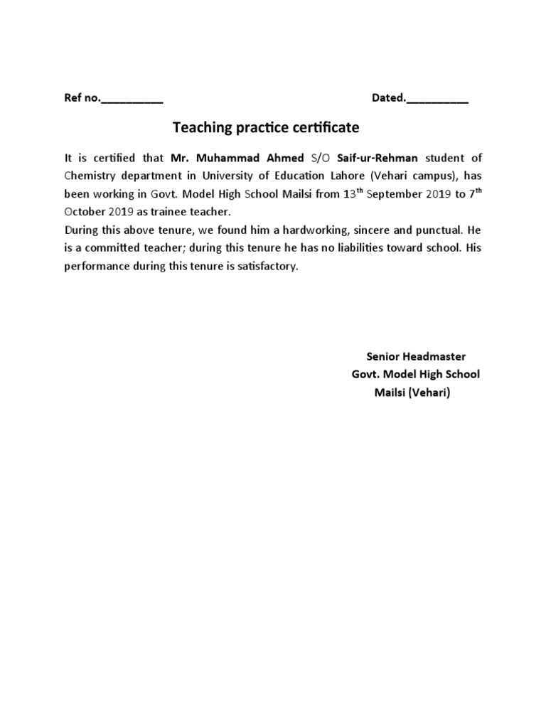 Teaching Practice Certificate for B.Ed Students | PDF