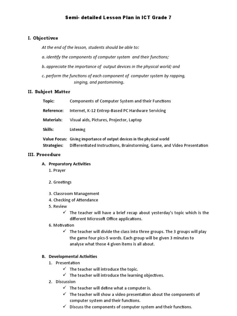 Semi-Detailed Lesson Plan in ICT | PDF | Computer Data Storage | Input ...