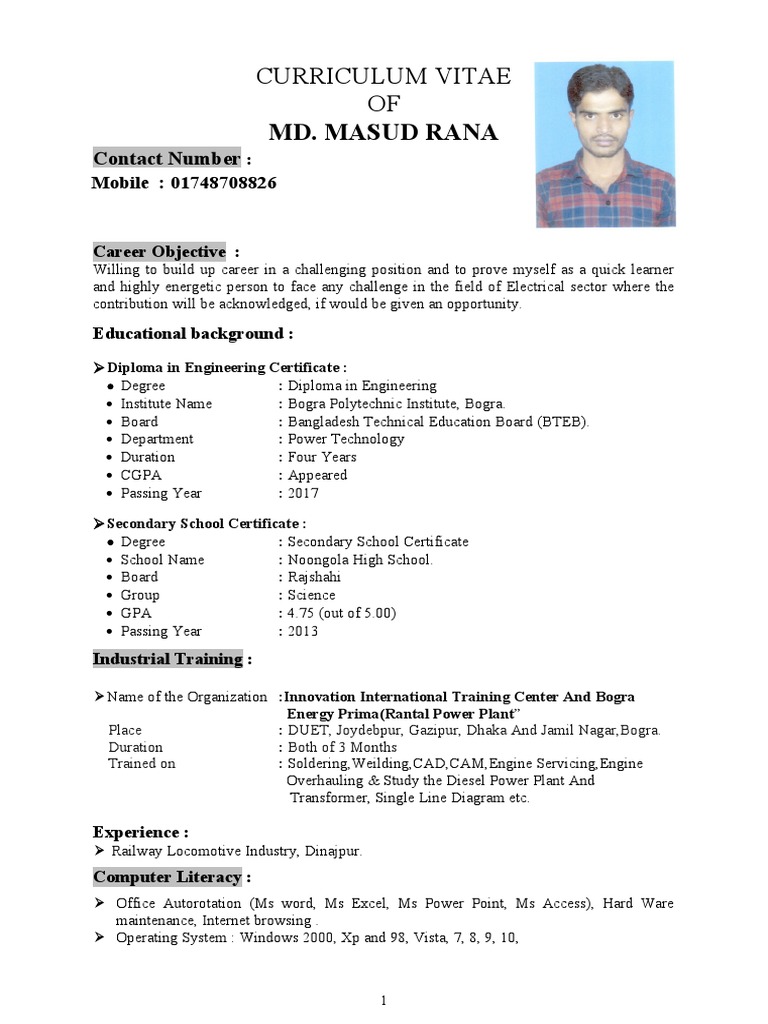 Md. Masud Rana: Curriculum Vitae OF | PDF | Bangladesh | Learning