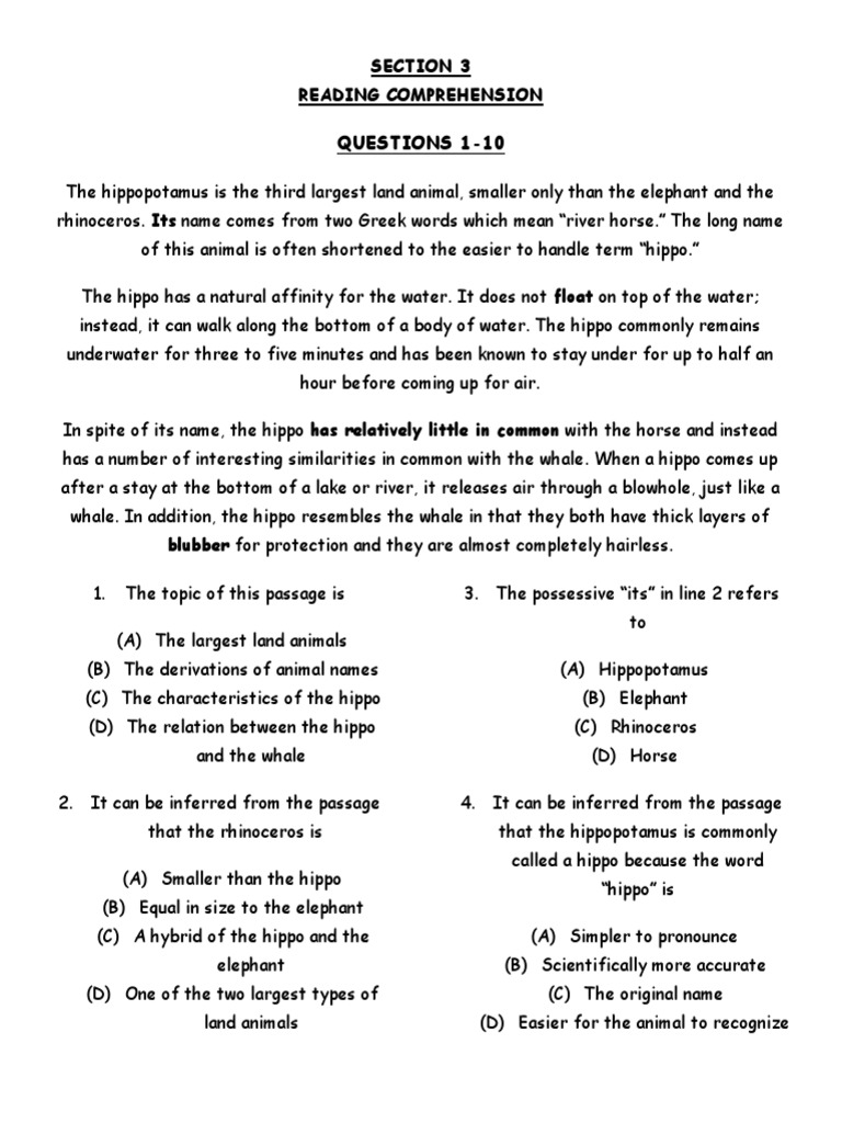 Section 3 Reading Comprehension Questions 1 | PDF | Hippopotamus ...