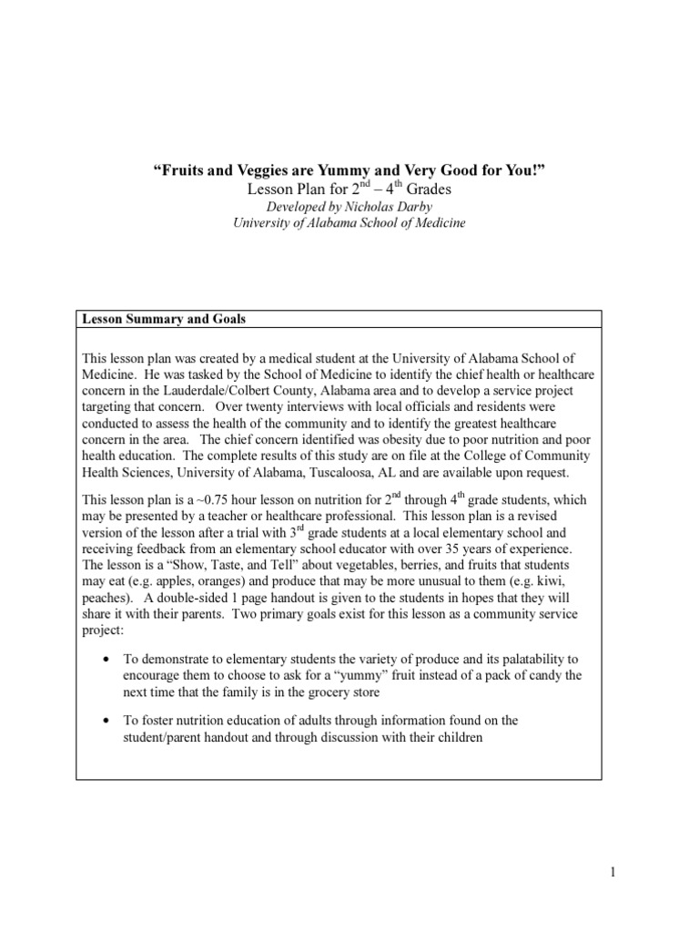 "Fruits and Veggies Are Yummy and Very Good For You!" Lesson Plan For 2 ...