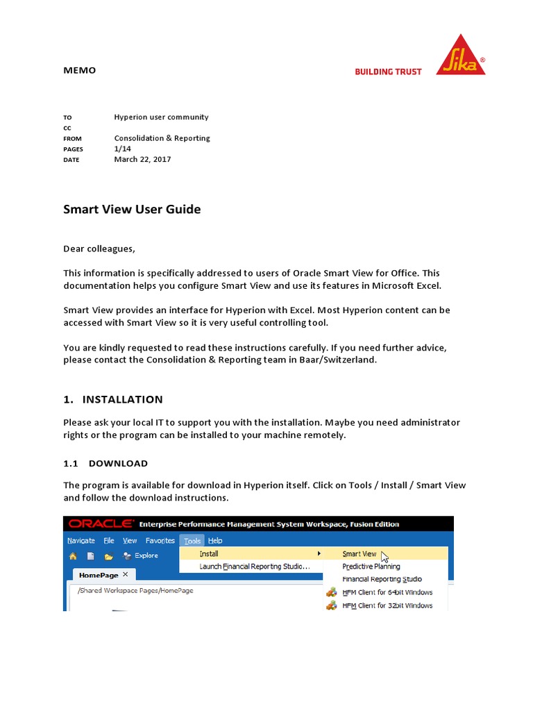 Smart View User Guide: 1. Installation | PDF | Microsoft Excel | World ...