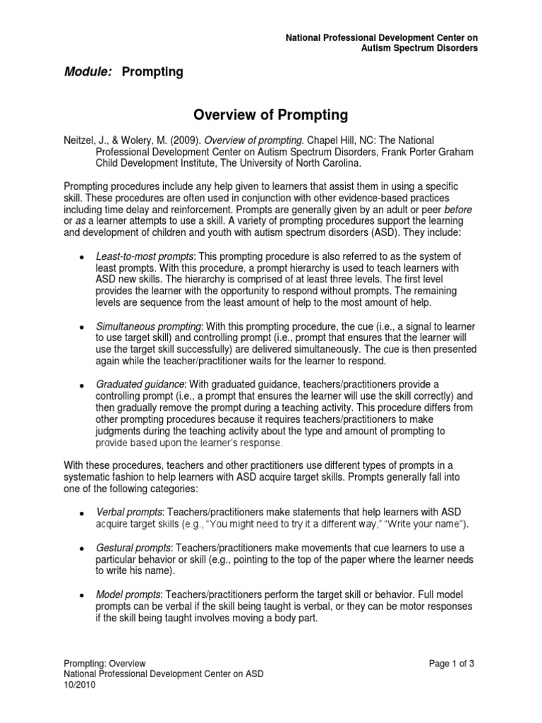 Prompting Overview: Evidence-Based Strategies for ASD | PDF | Autism ...