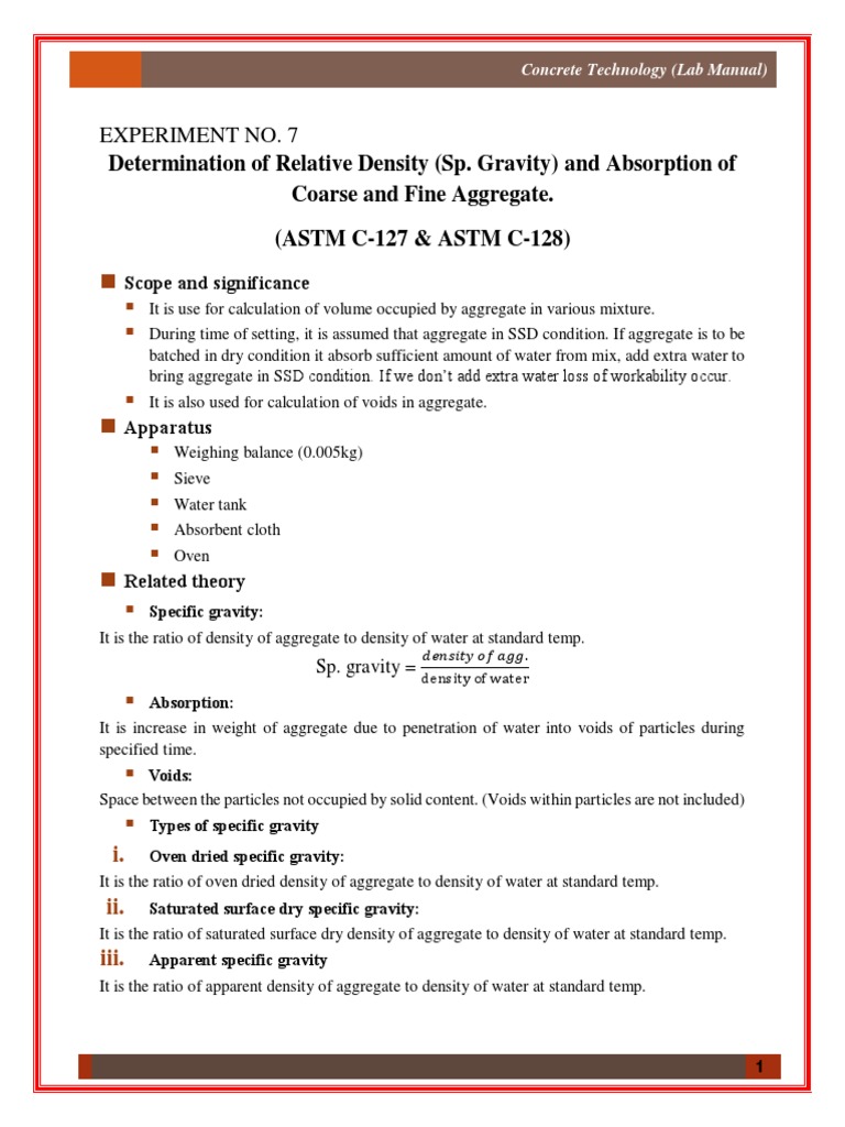 Determination of Relative Density (Sp. Gravity) and Absorption of ...