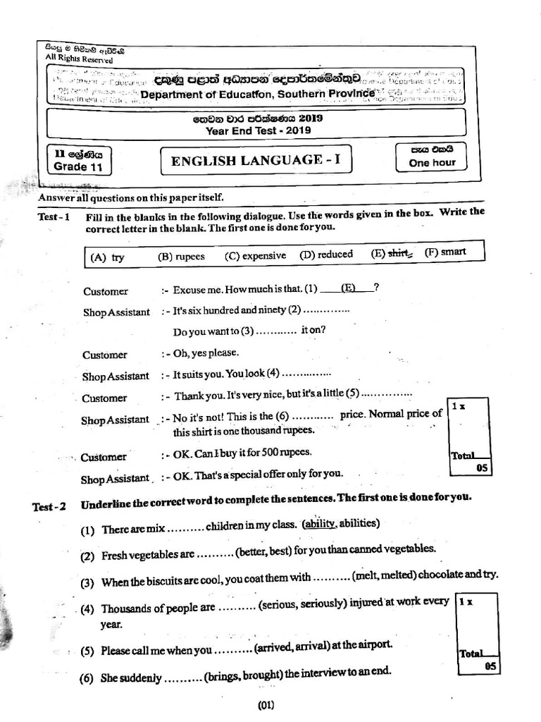 English - Grade 11 - Third Term Test 2019 - Western Province | PDF