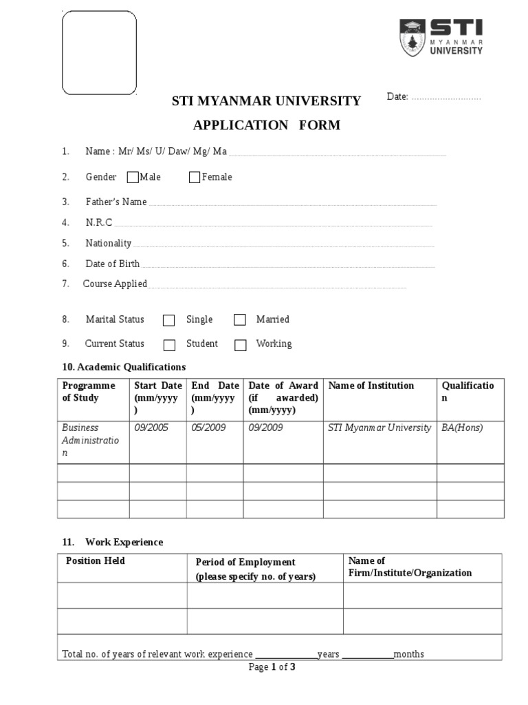 Sti Myanmar University Application Form | PDF | Bachelor Of Arts ...