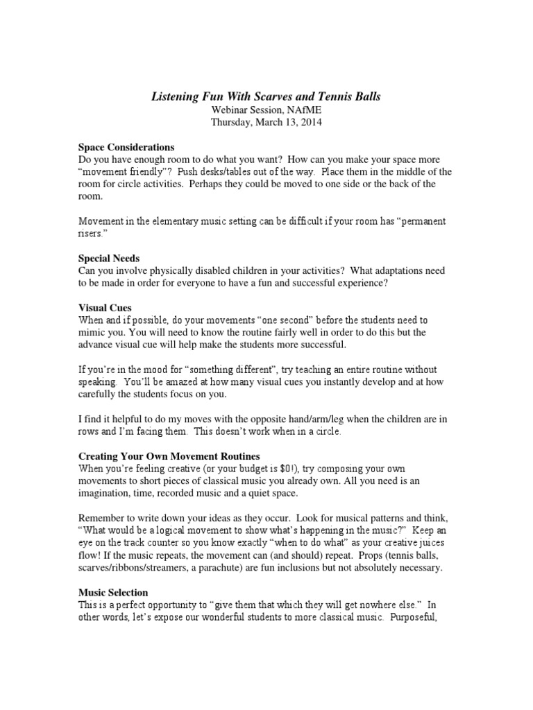 Listening Fun With Scarves and Tennis Balls: Space Considerations | PDF ...