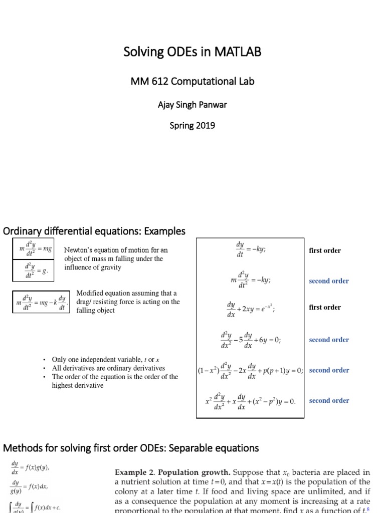 Solving Odes In Matlab Pdf Pdf Ordinary Differential Equation Equations 