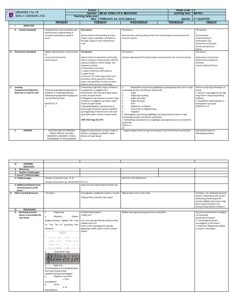 Mapeh 5 - Q4 - W4 DLL | PDF | Differentiated Instruction | Tempo