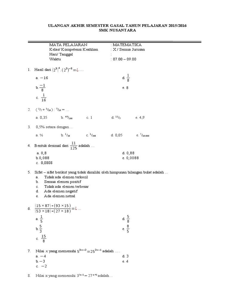 Naskah Soal Uas Matematika Gasal Kelas X | PDF
