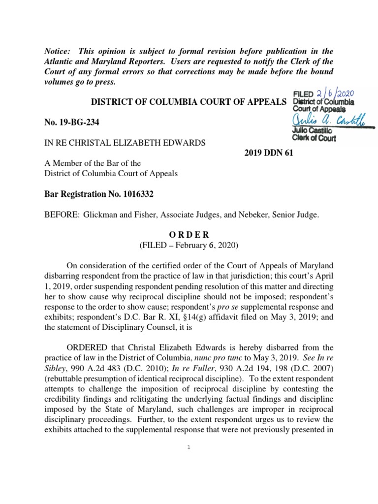 Washington DC, Disbarment Order (Against Disabled Lawyer) | PDF ...