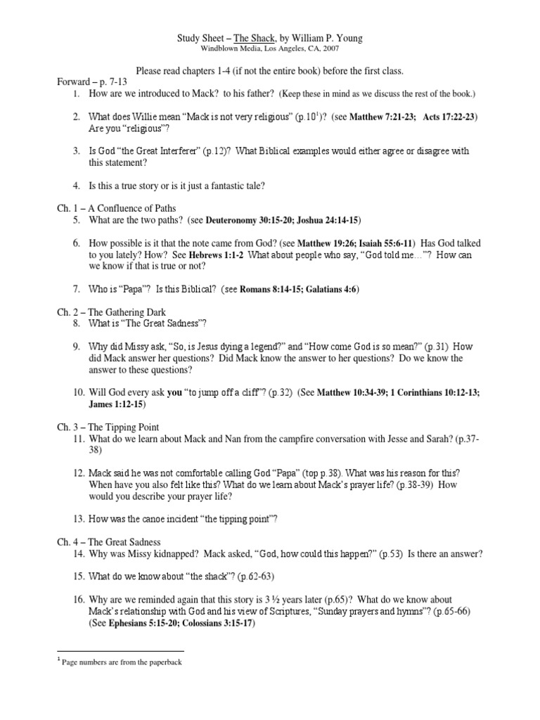 The Shack Study Sheet1 | PDF | Forgiveness | Acts Of The Apostles