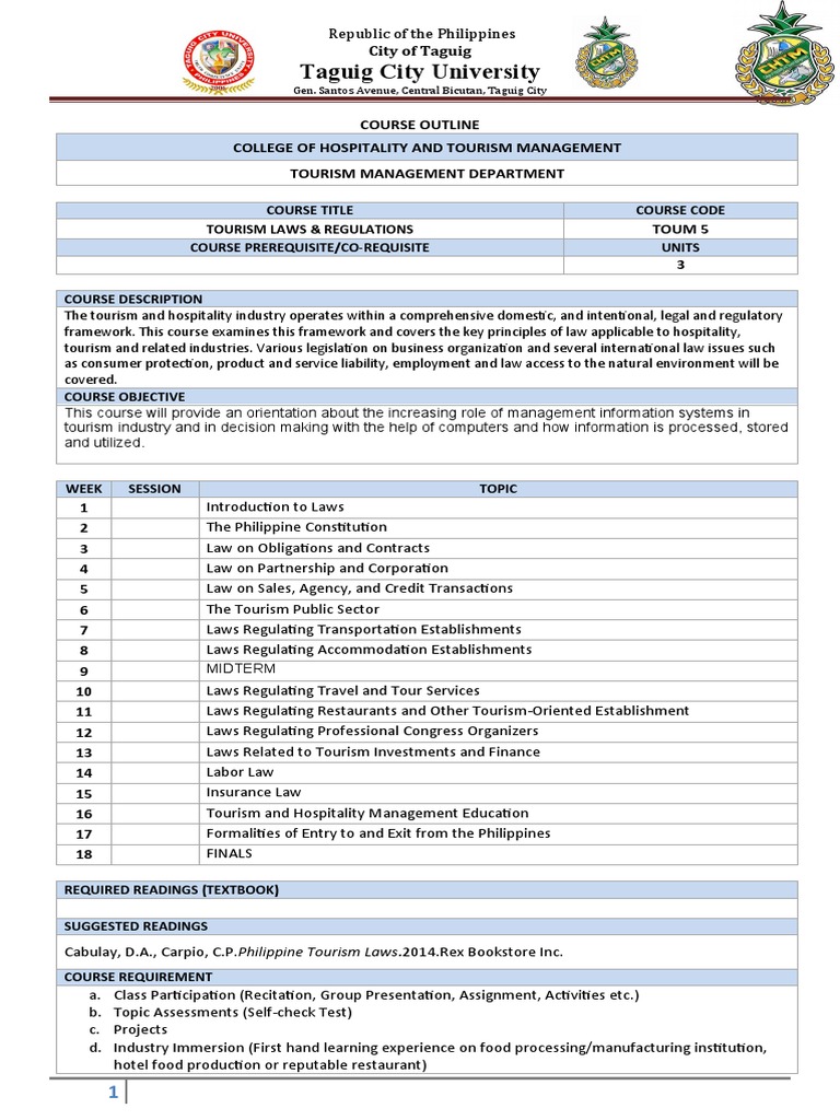 Tourism Laws & Regulation Course Outline | PDF | Tourism | Employment