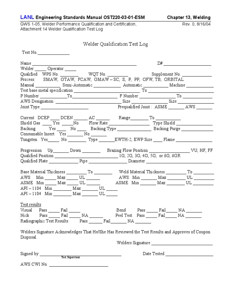 Welder Qualification Test Log: Engineering Standards Manual OST220-03 ...