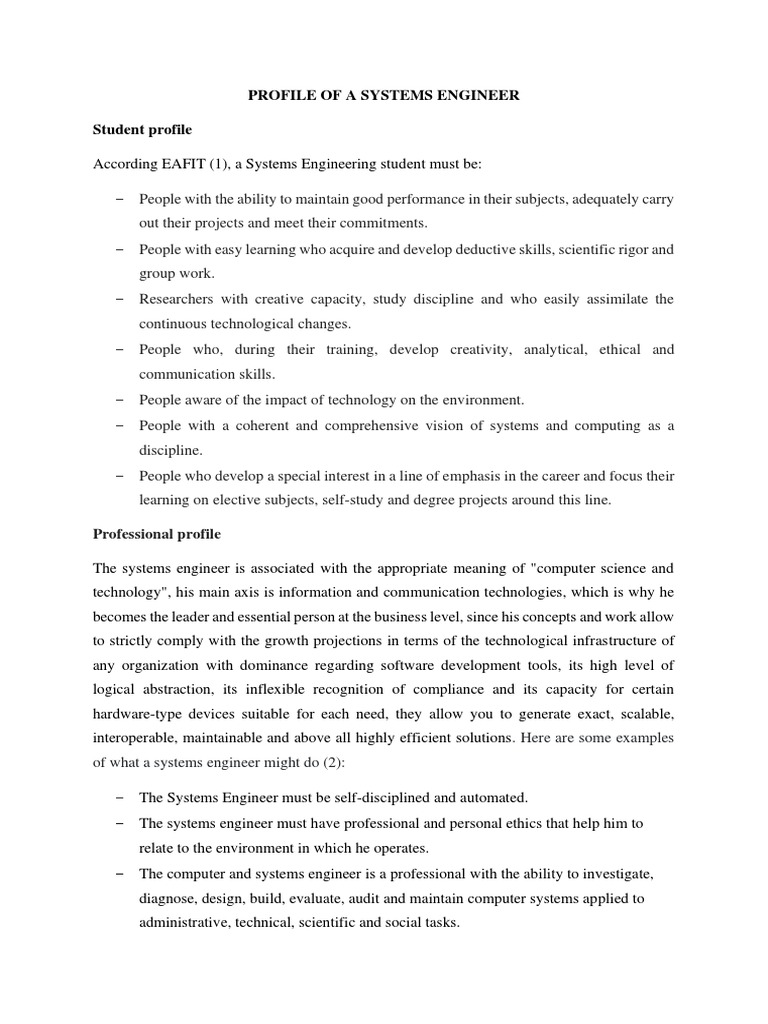 Profile of A Systems Engineer Student Profile | PDF | System | Engineer