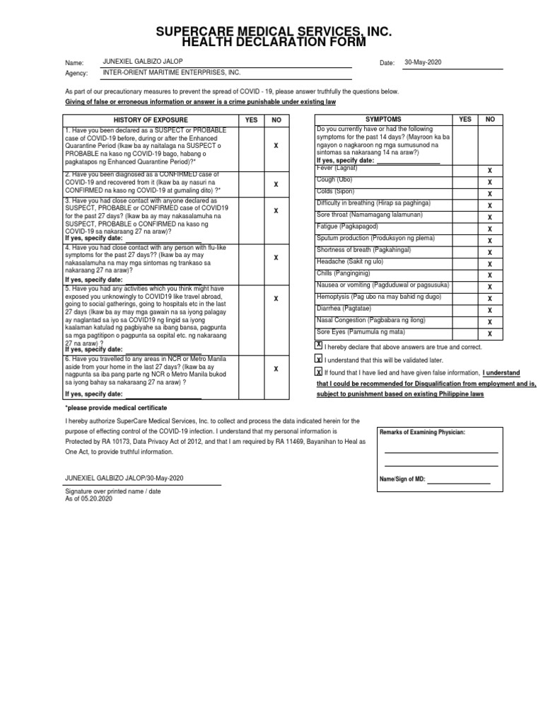 Supercare Medical Services, Inc. Health Declaration Form: Remarks of ...