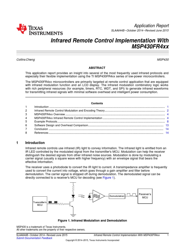 Infrared Remote Control Implementation With MSP430FR4xx: Application ...