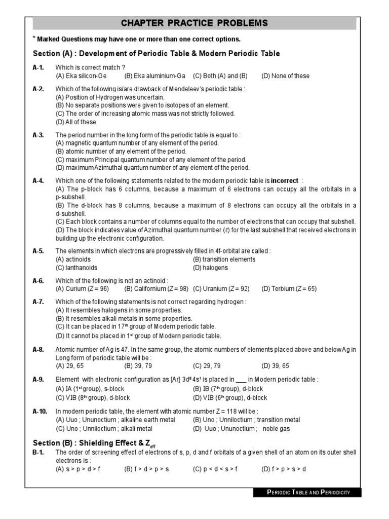 Chapter Practice Problems: Section (A) : Development of Periodic Table ...