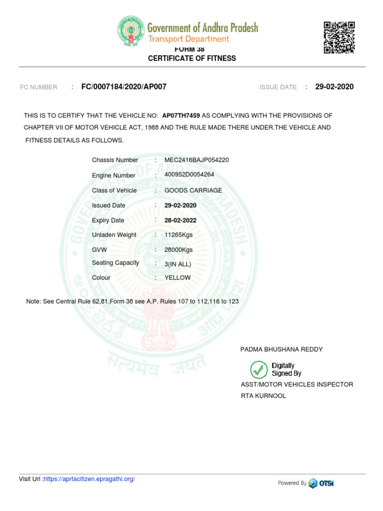 FC/0007184/2020/AP007 29-02-2020: Form 38 Certificate of Fitness | PDF