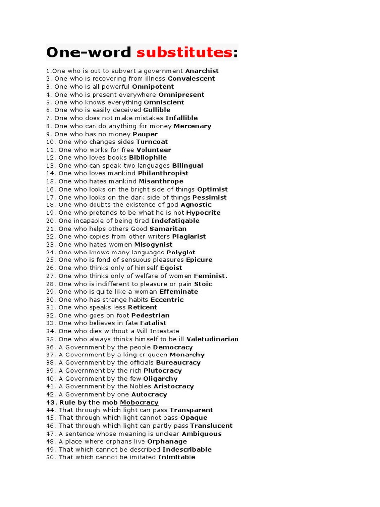 One-word substitutes and definitions for over 100 terms | PDF ...