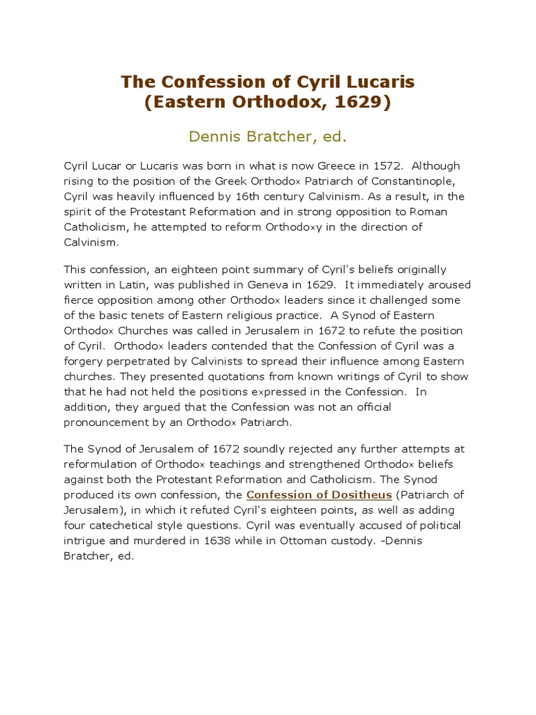 The Confession of Cyril Lucaris | PDF | Eucharist | Grace In Christianity