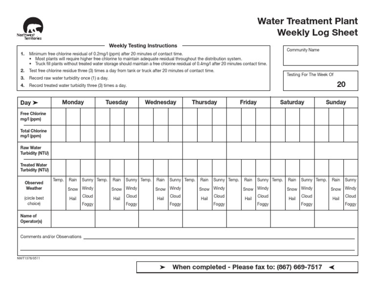 Water Treatment Plant Weekly Log Sheet | PDF | Transparent Materials ...