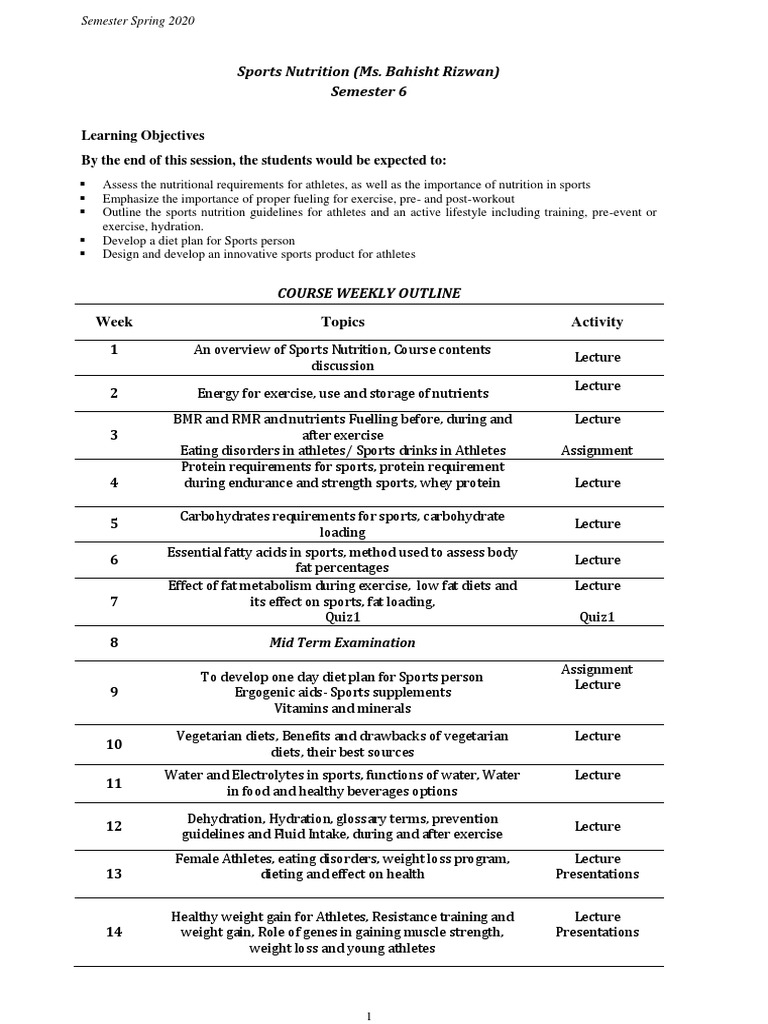 Sports Nutrition Course Outline For Students P PDF | PDF | Sports ...