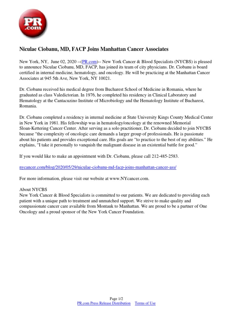 Niculae Ciobanu, MD, FACP Joins Manhattan Cancer Associates | PDF ...