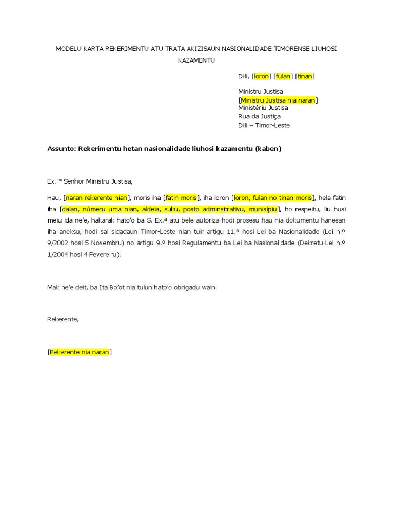 Modelu Karta Rekerimentu Atu Trata Akizisaun Nasionalidade Timorense | PDF