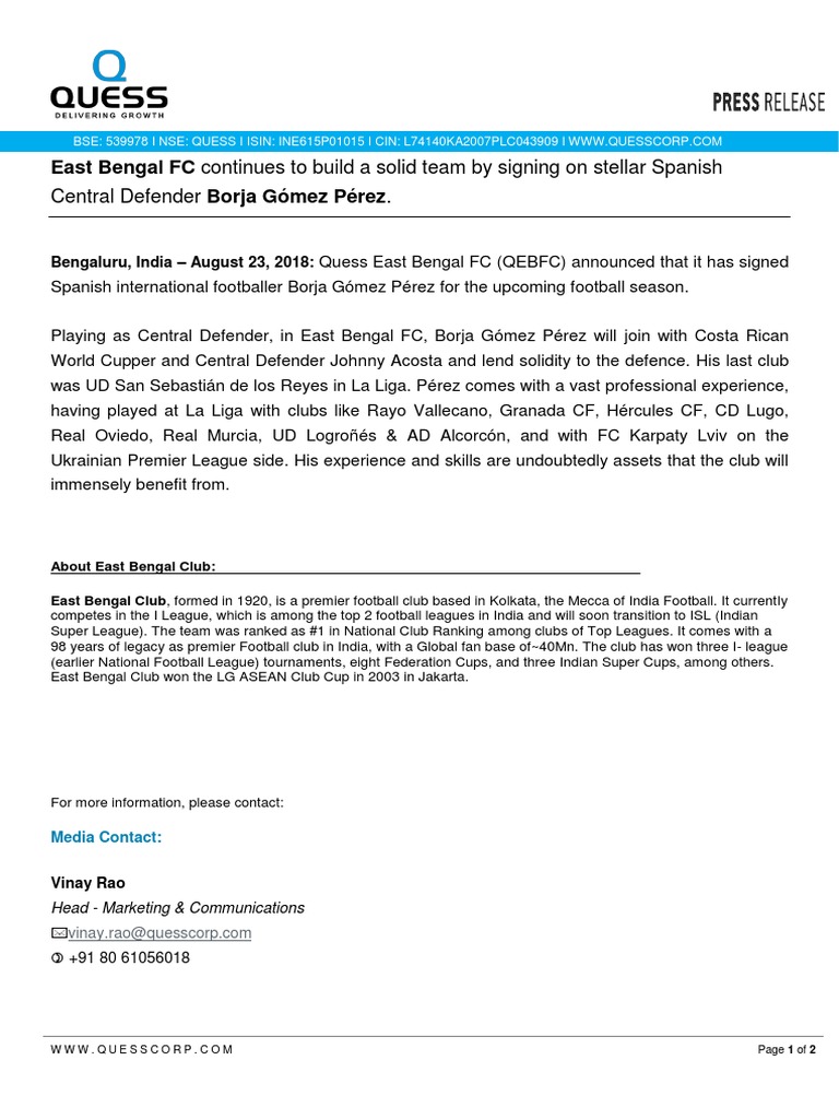 Press Release-EastBengalFC Signs Spanish-Defender | PDF | Business | Sports