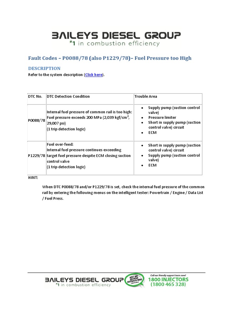 Fault Codes - P0088/78 (Also P1229/78) - Fuel Pressure Too High | PDF ...