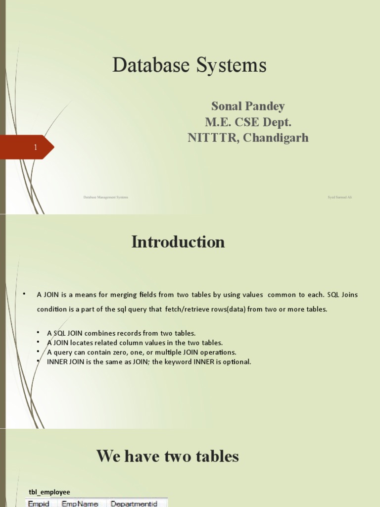 Database Systems: Sonal Pandey M.E. CSE Dept. NITTTR, Chandigarh | PDF | Computer Data | Sql