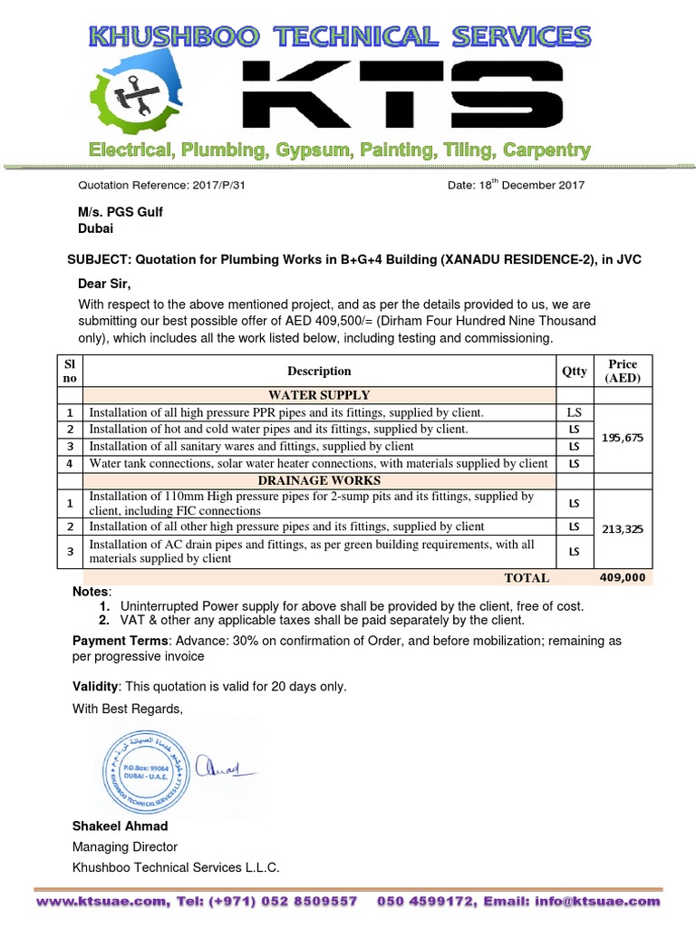 Plumbing Quotation for JVC Project | PDF | Hydraulic Engineering | Pipe ...
