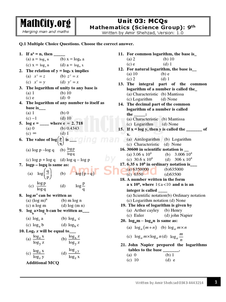 9th Science Unit 03 Mcqs PTB | PDF | Logarithm | Abstract Algebra