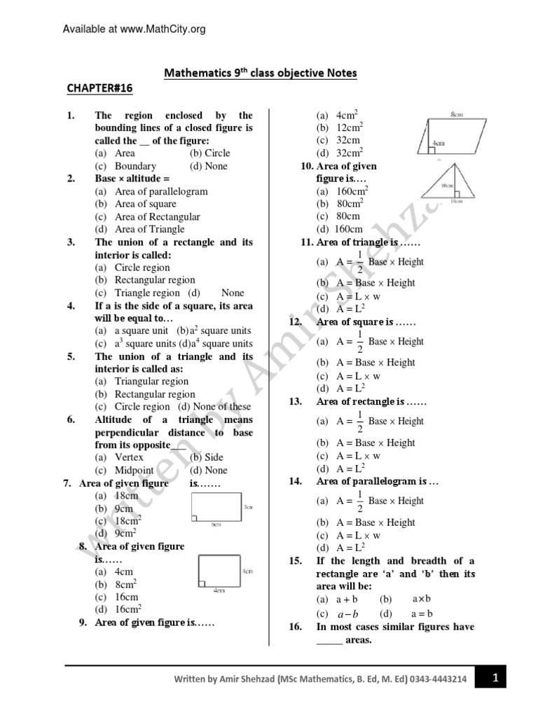 9th Science Unit 16 Mcqs PTB PDF | PDF | Area | Rectangle