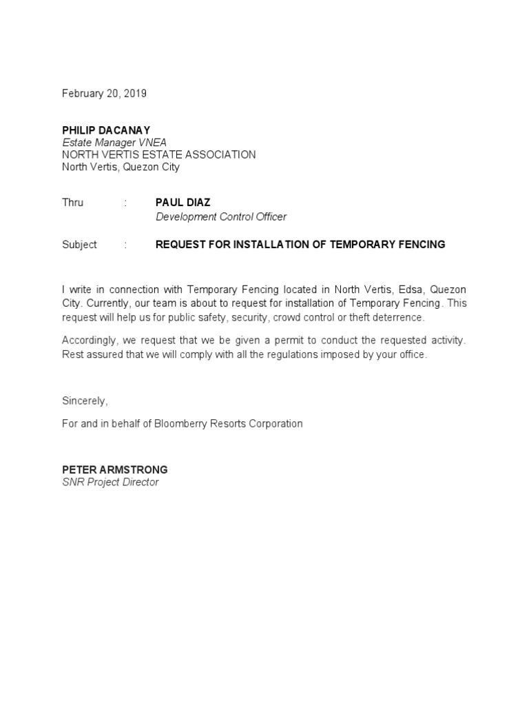 Request for Temporary Fencing Permit | PDF | Social Science | Law