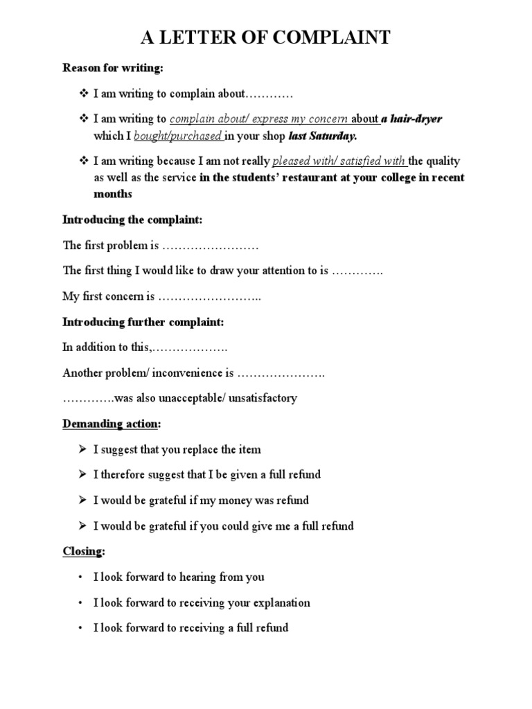 A Letter of Complaint: Reason For Writing | PDF