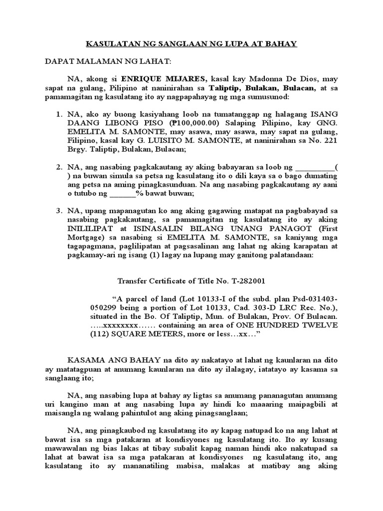 Kasulatan NG Sanglaan NG Lupa at Bahay | PDF