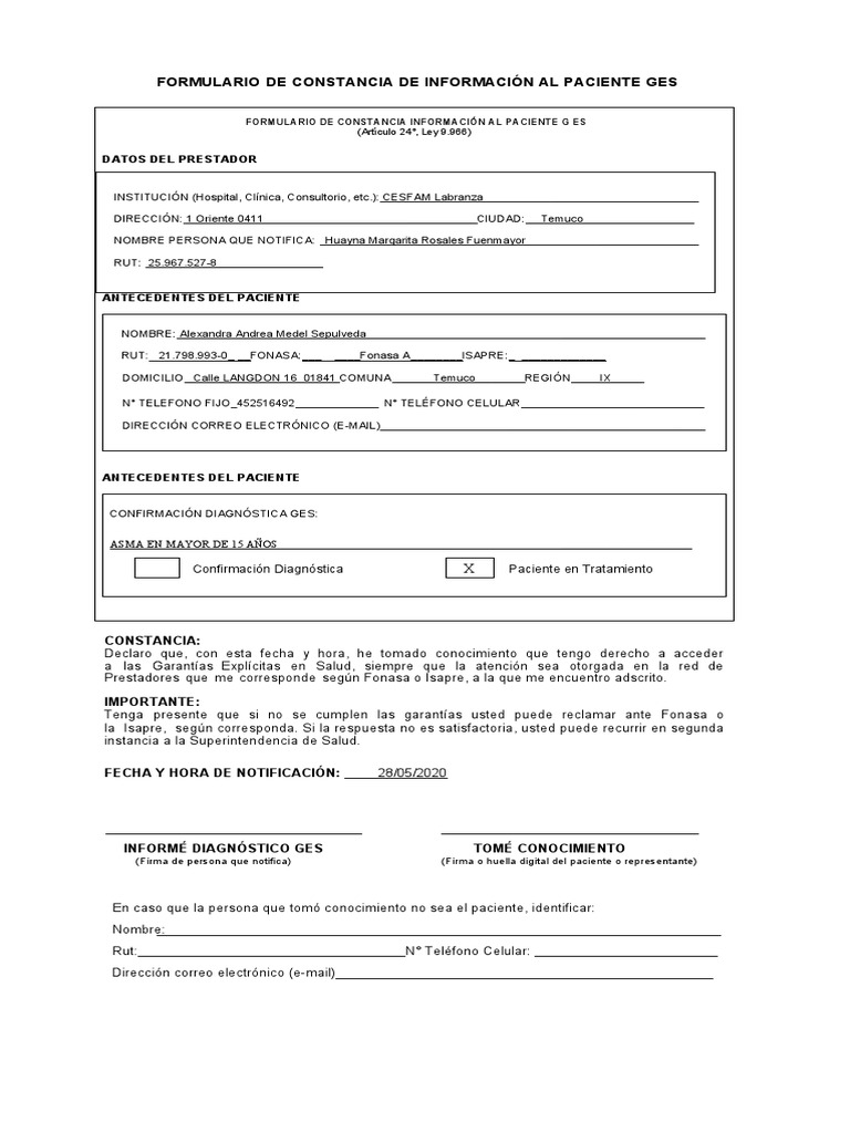 Formulario de Notificacion GES | PDF | Condicion cronica | Parto prematuro