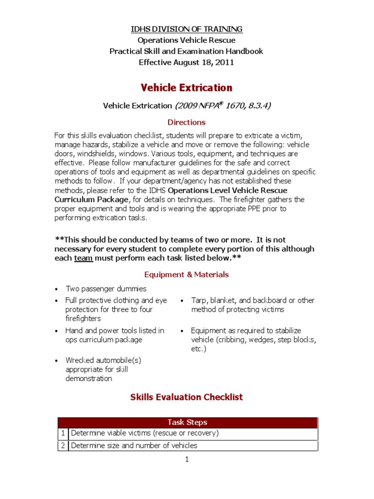 Vehicle Extrication: (2009 NFPA 1670, 8.3.4) | PDF | Hazards | Prevention