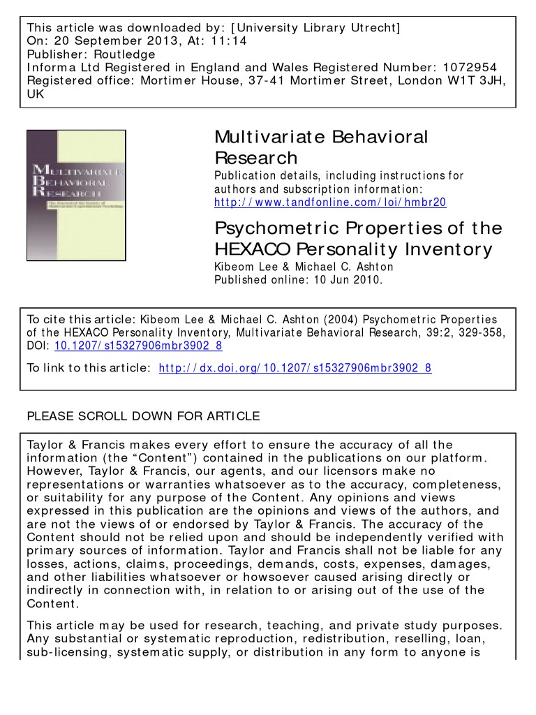 Multivariate Behavioral Research: To Cite This Article: Kibeom Lee ...