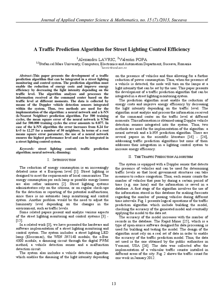A Traffic Prediction Algorithm For Street Lighting Control Efficiency ...