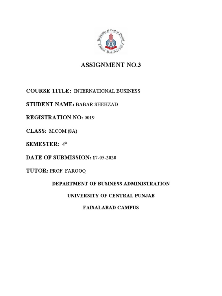 Assignment No.3: Course Title: Student Name Registration No Class ...